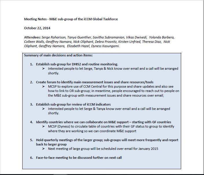 M&E Subgroup Meeting (CCM Task Force) - October 22, 2014 | Child Health ...