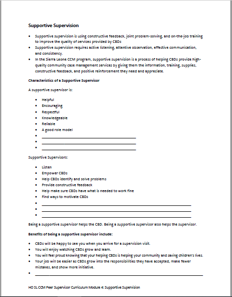 CCM Supervision Workshop Supportive Supervision - (IRC, Sierra Leone ...