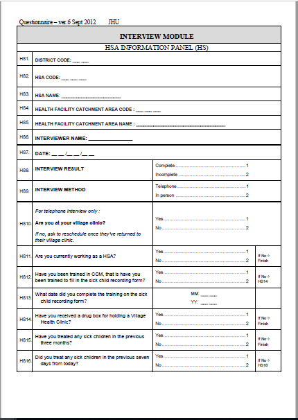 Rapid Survey Tool: HSA Validation Questionnaire, Malawi - (JHU, 2012 ...