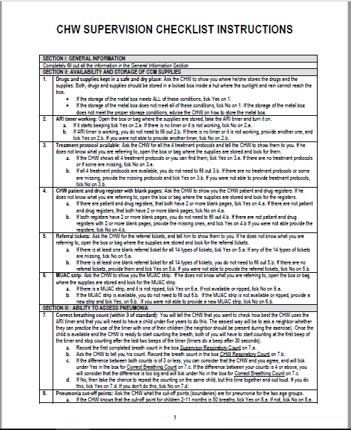 Supervision Checklist for CHWs Instructions - (IRC, 2012) | Child ...