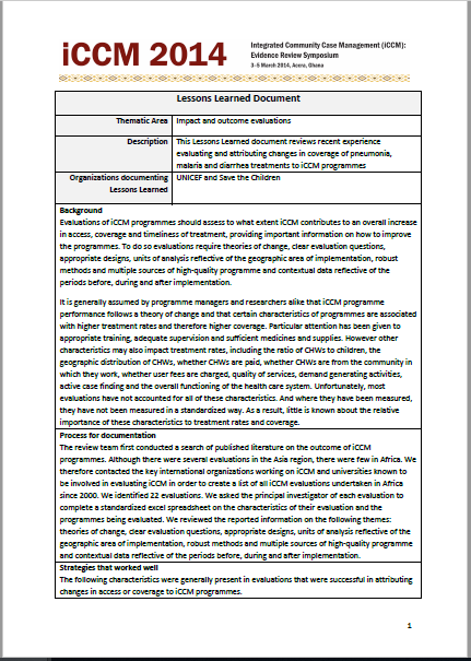 iCCM Lessons Learned: Impact Evaluation - (UNICEF/Save the Children ...